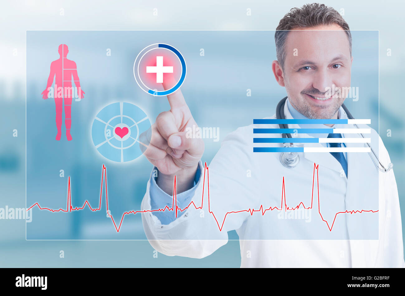 Happy smiling medic touching medical safety cross icon from touchscreen ...