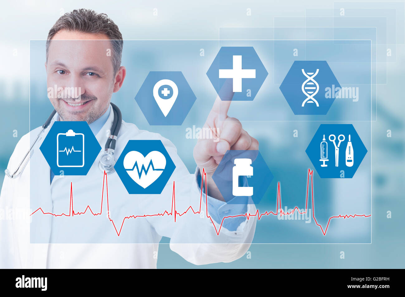 Smiling young medic touching medical icon on futuristic screen as ...