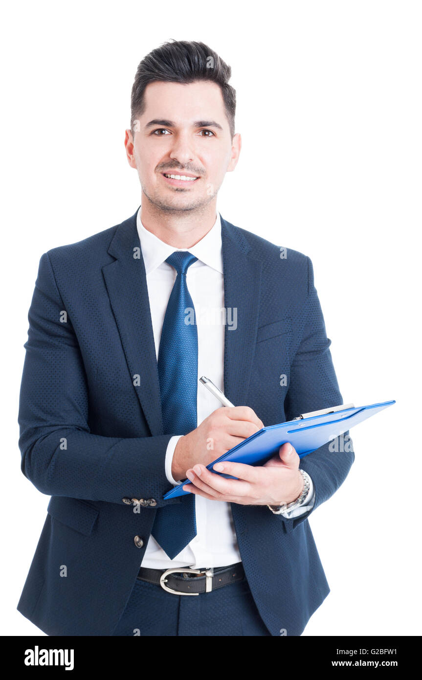 Portrait of cheerful salesman with clipboard taking notes as successful ...