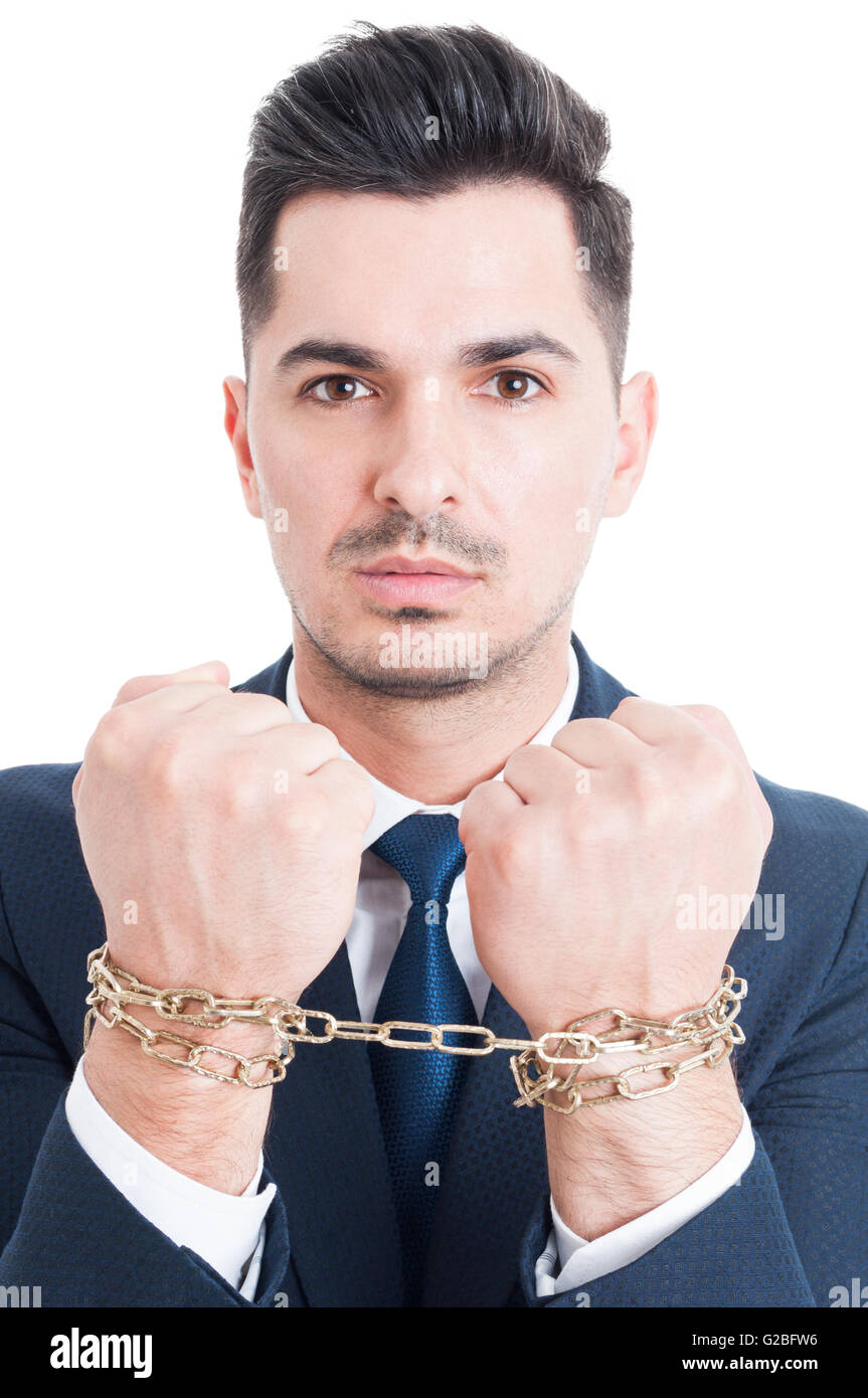 Portrait of corrupt businessman or lawyer with chained hands being ...