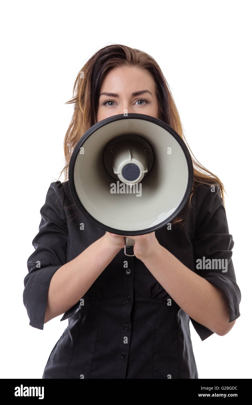 Pretty brunette office worker holding a loud speaker infront of her ...