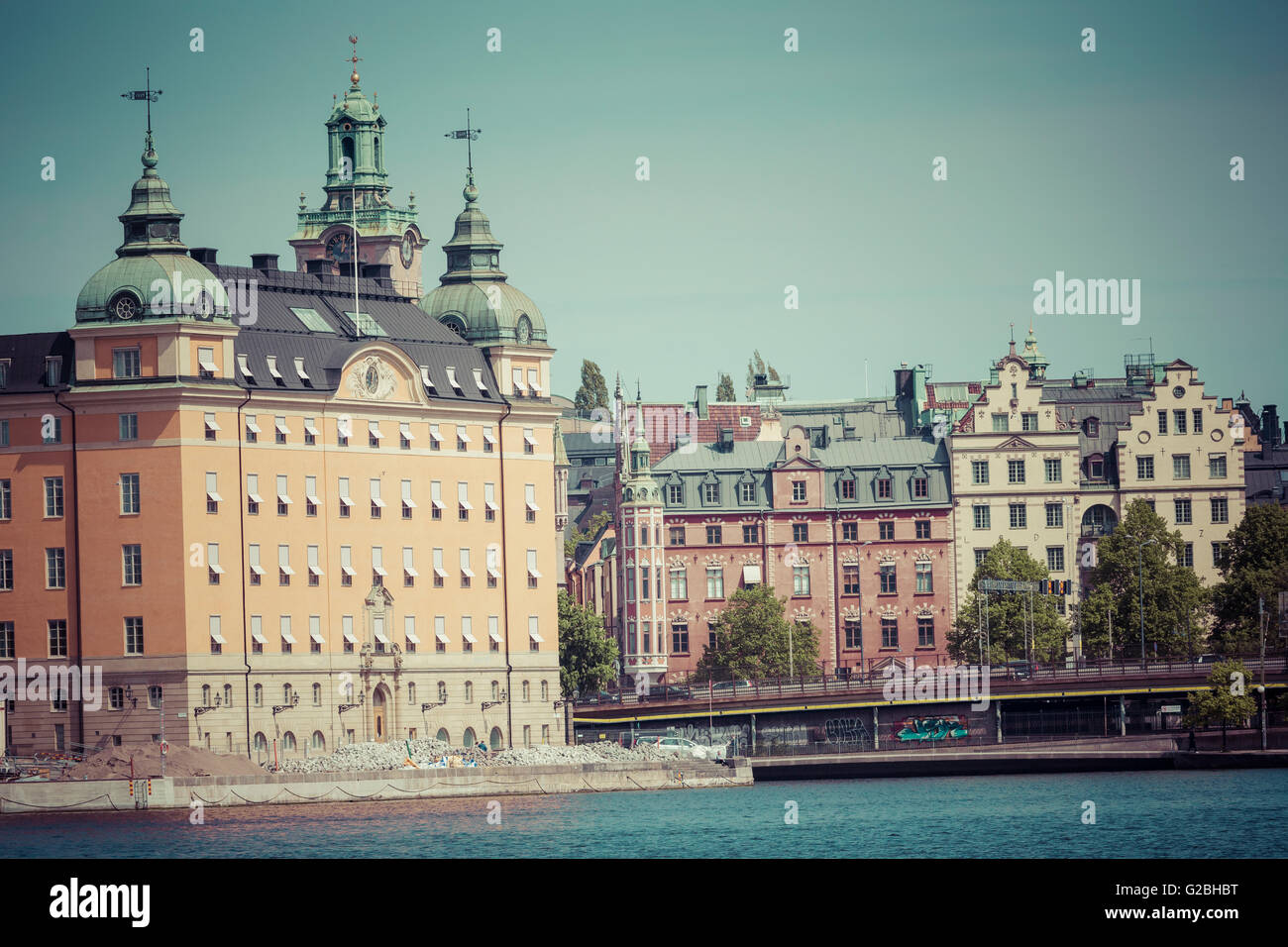 Scenic panorama of the Old Town (Gamla Stan) pier architecture in ...