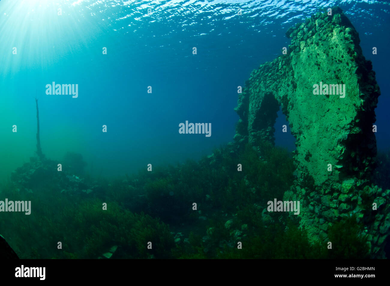 Ruins in the lake Lago Capo d'Acqua, Capistrano, L'Aquila, Italy Stock ...