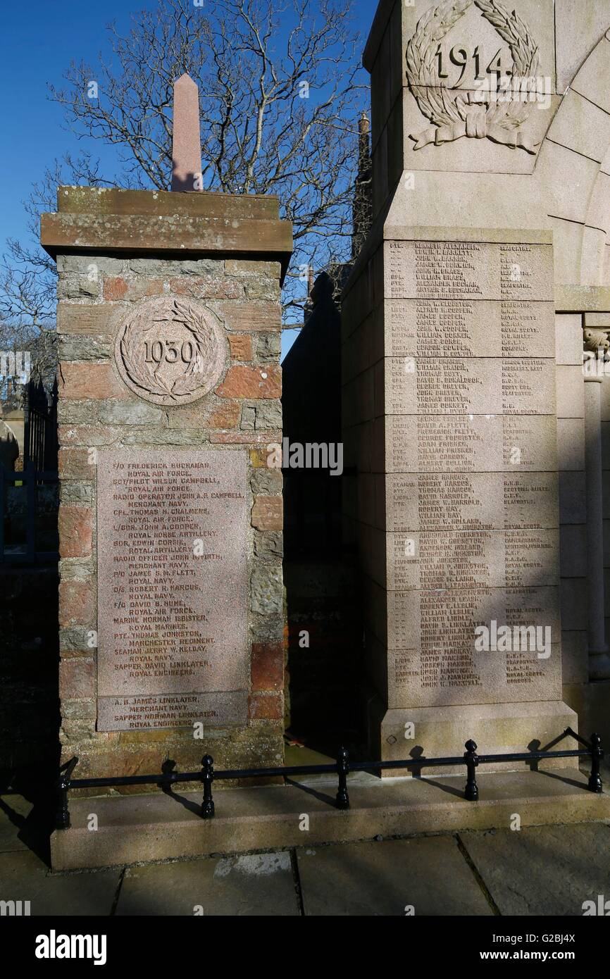 Names on war memorials adjacent to St Magnus Cathedral, in Kirkwall, in ...