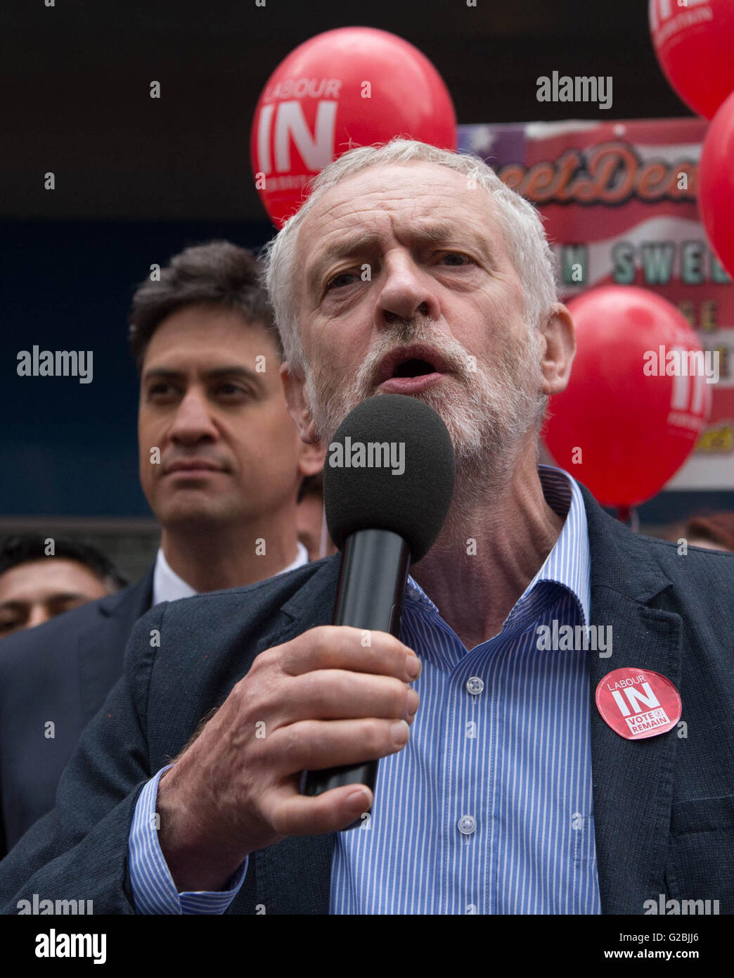 Labour Party leader Jeremy Corbyn (front) and former leader Ed Miliband ...