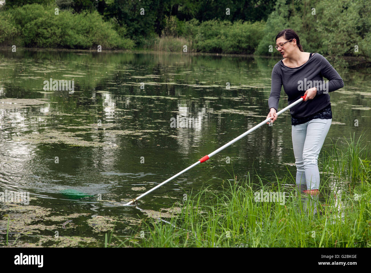 Biologists takes a water sample in an overgrown pond Stock Photo - Alamy