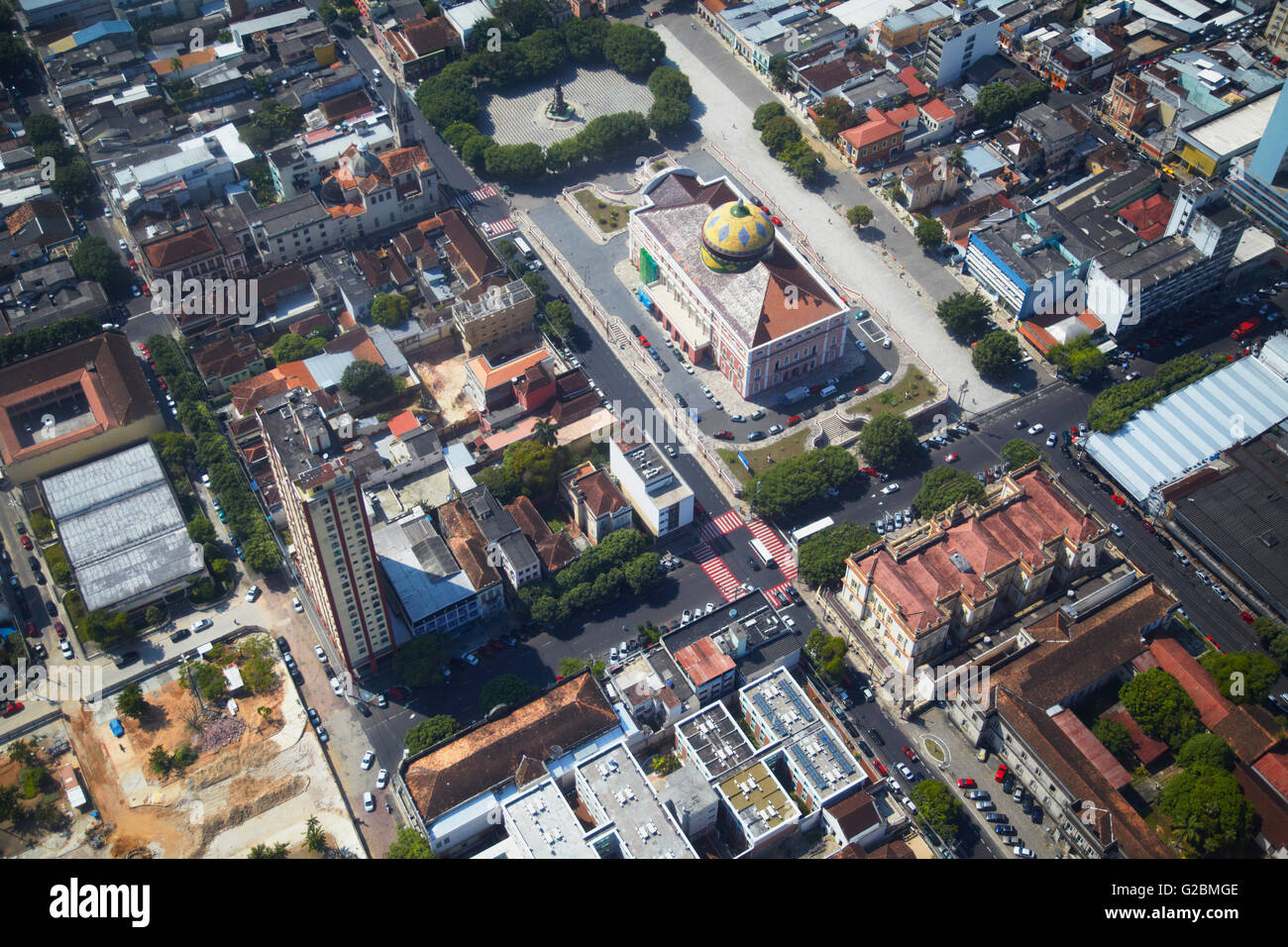 Aerial view of Teatro Amazonas (Opera House) and city centre, Manaus ...