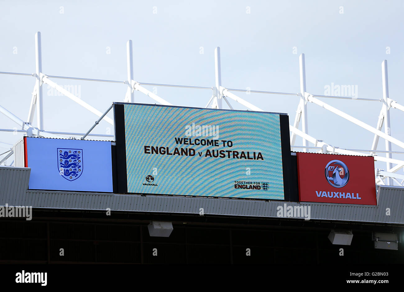 A welcome message on the screens prior to the International Friendly at ...