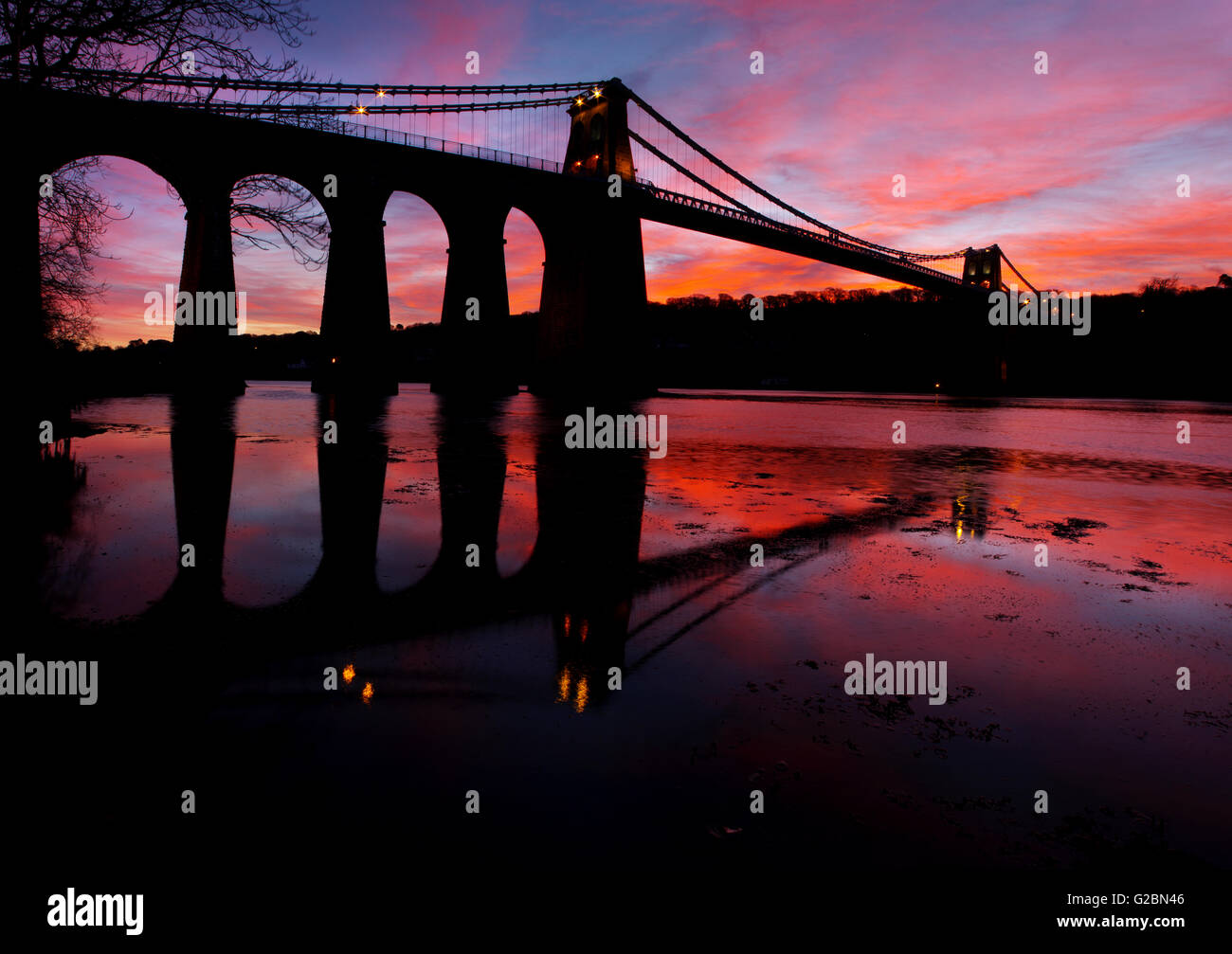 Menai Bridge, Anglesey at Sunrise Stock Photo - Alamy