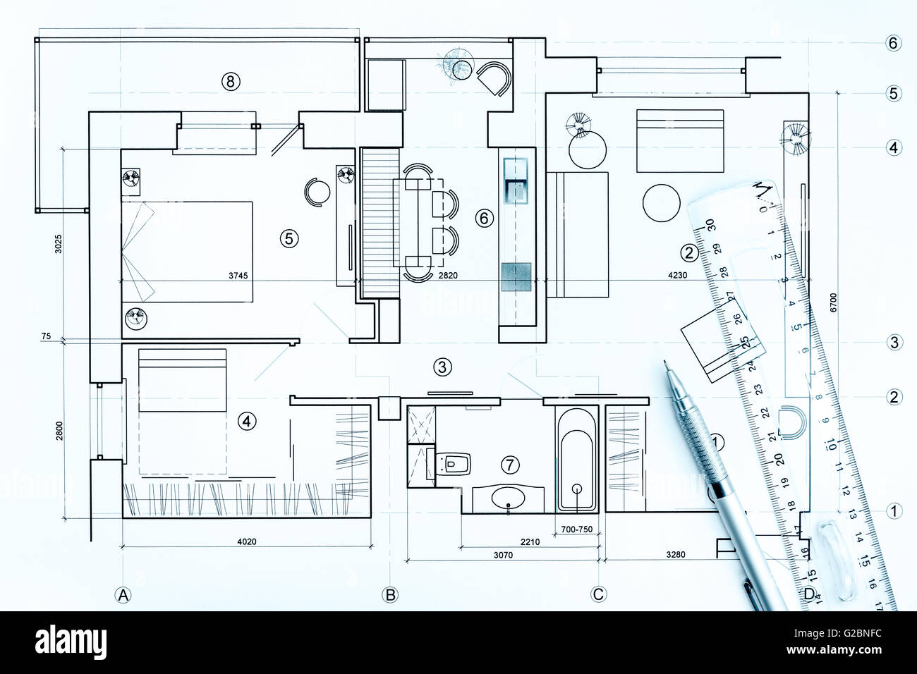 architects workspace with house blueprint, pencil and ruler Stock Photo ...