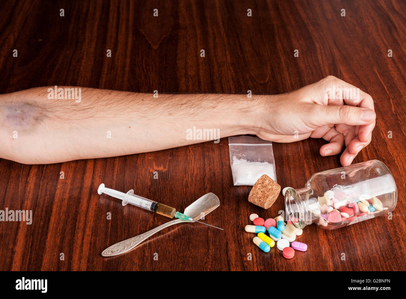 Alcohol with drugs on table hi-res stock photography and images - Alamy