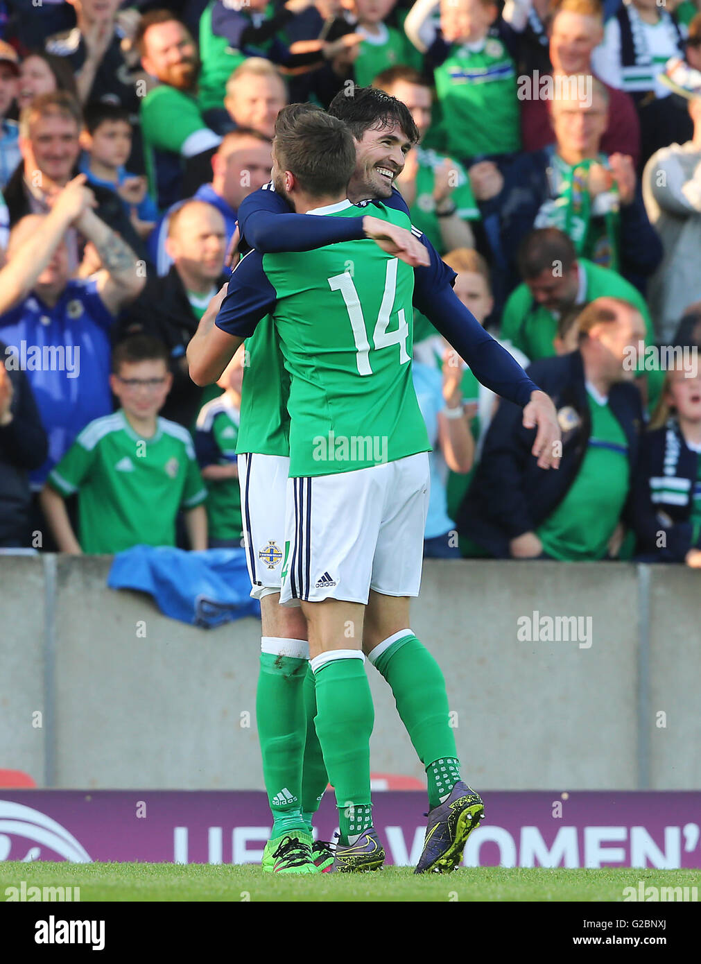 Northern Ireland's Kyle Lafferty (right) celebrates with Stuart Dallas ...