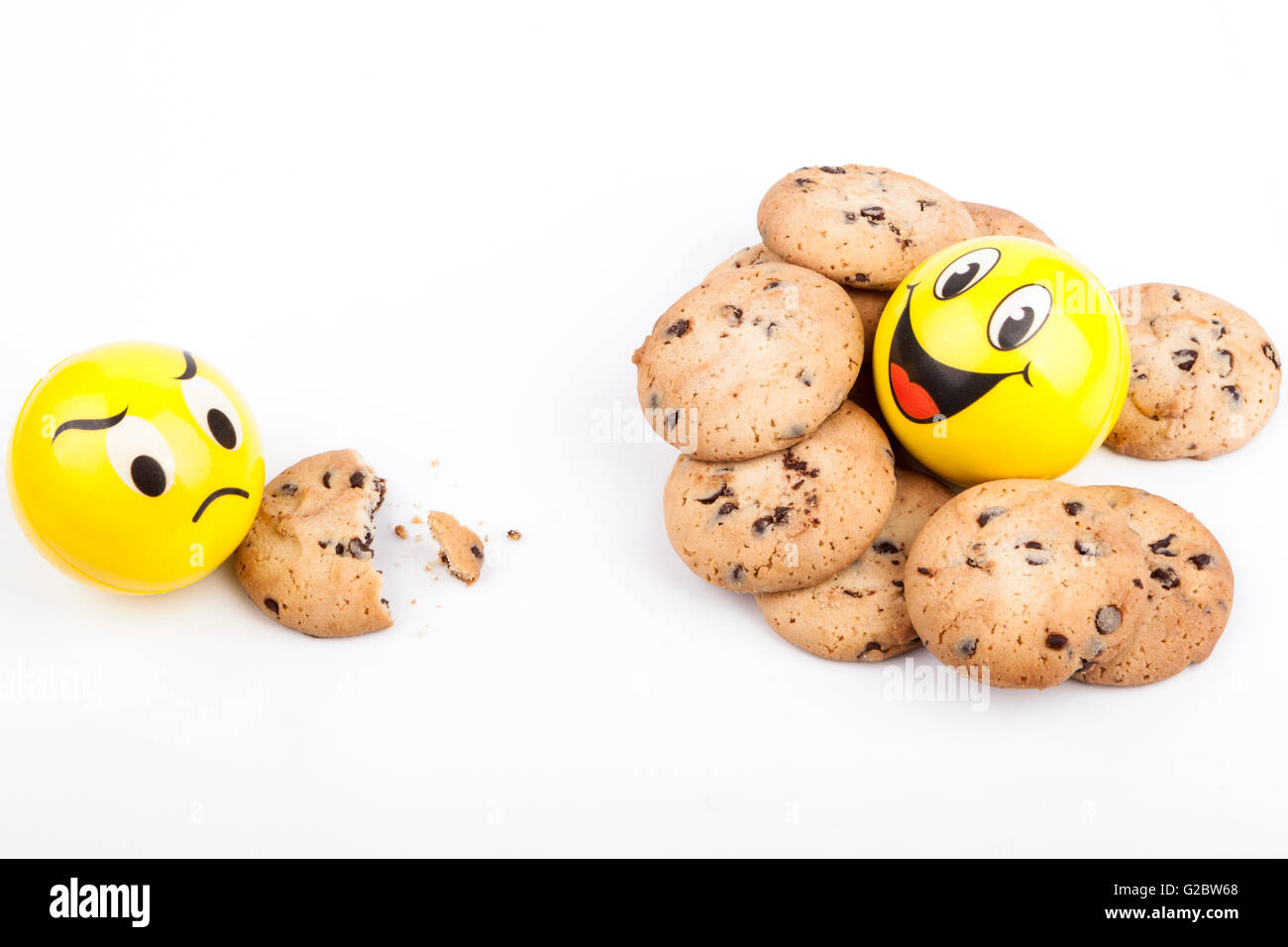 Happy Face and sad Face yellow balls with chocolate chips cookies Stock ...