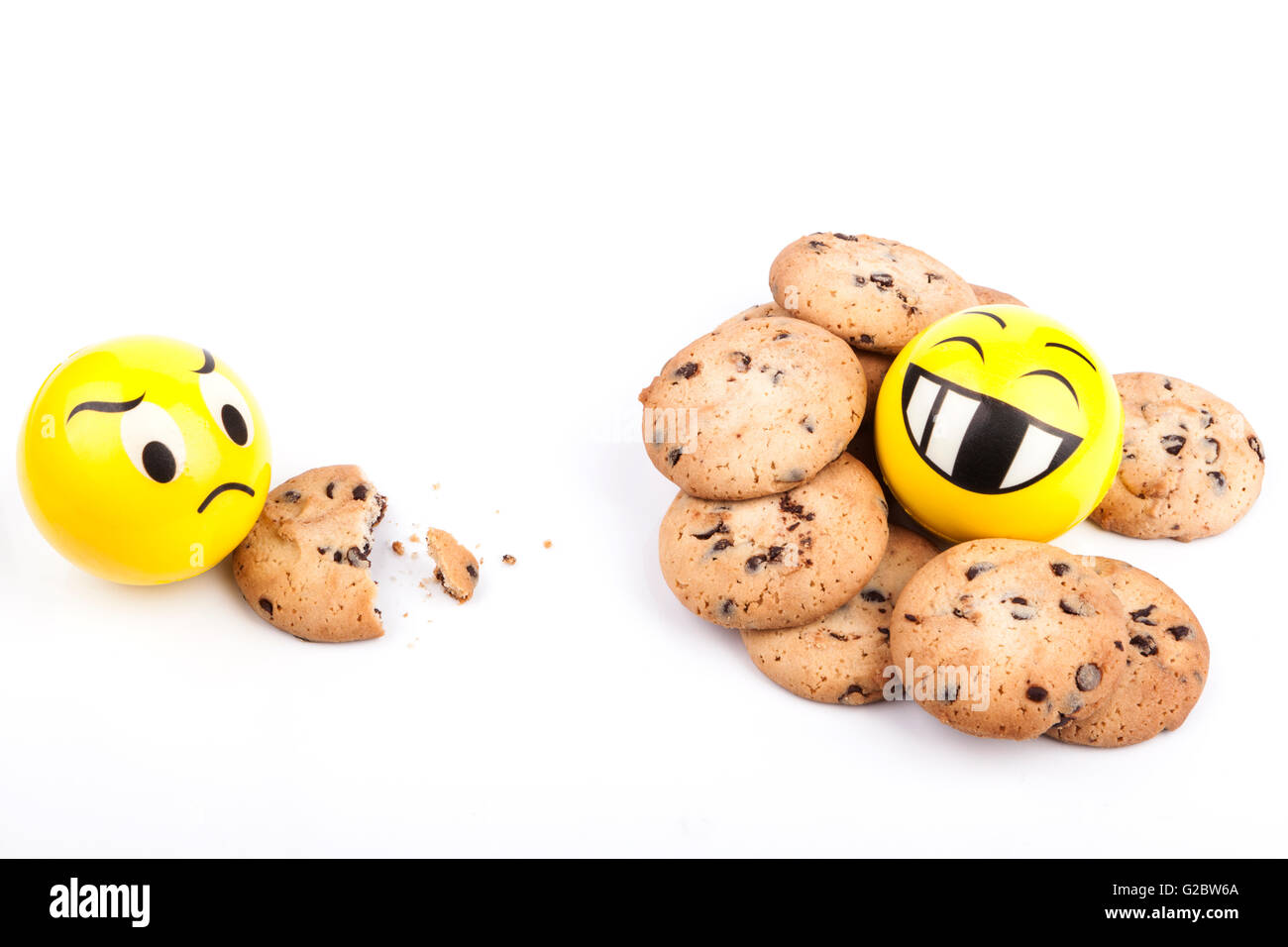 Sad Face and happy Face yellow balls with chocolate chips cookies Stock ...