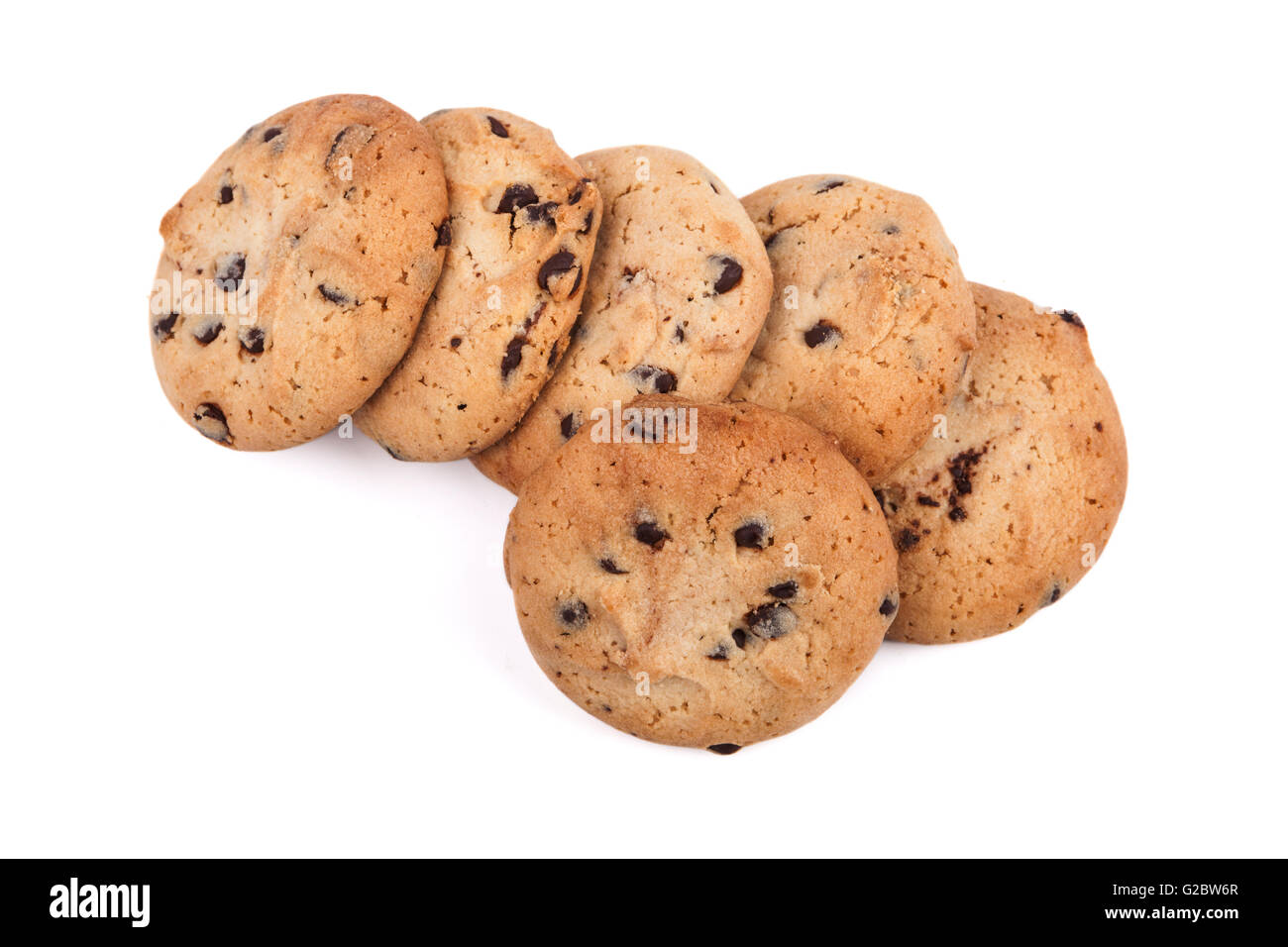 Six chocolate chip cookies pile isolated on white Stock Photo - Alamy