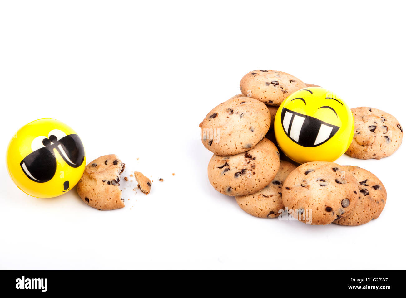 Sad Face and happy Face yellow balls with chocolate chips cookies Stock ...