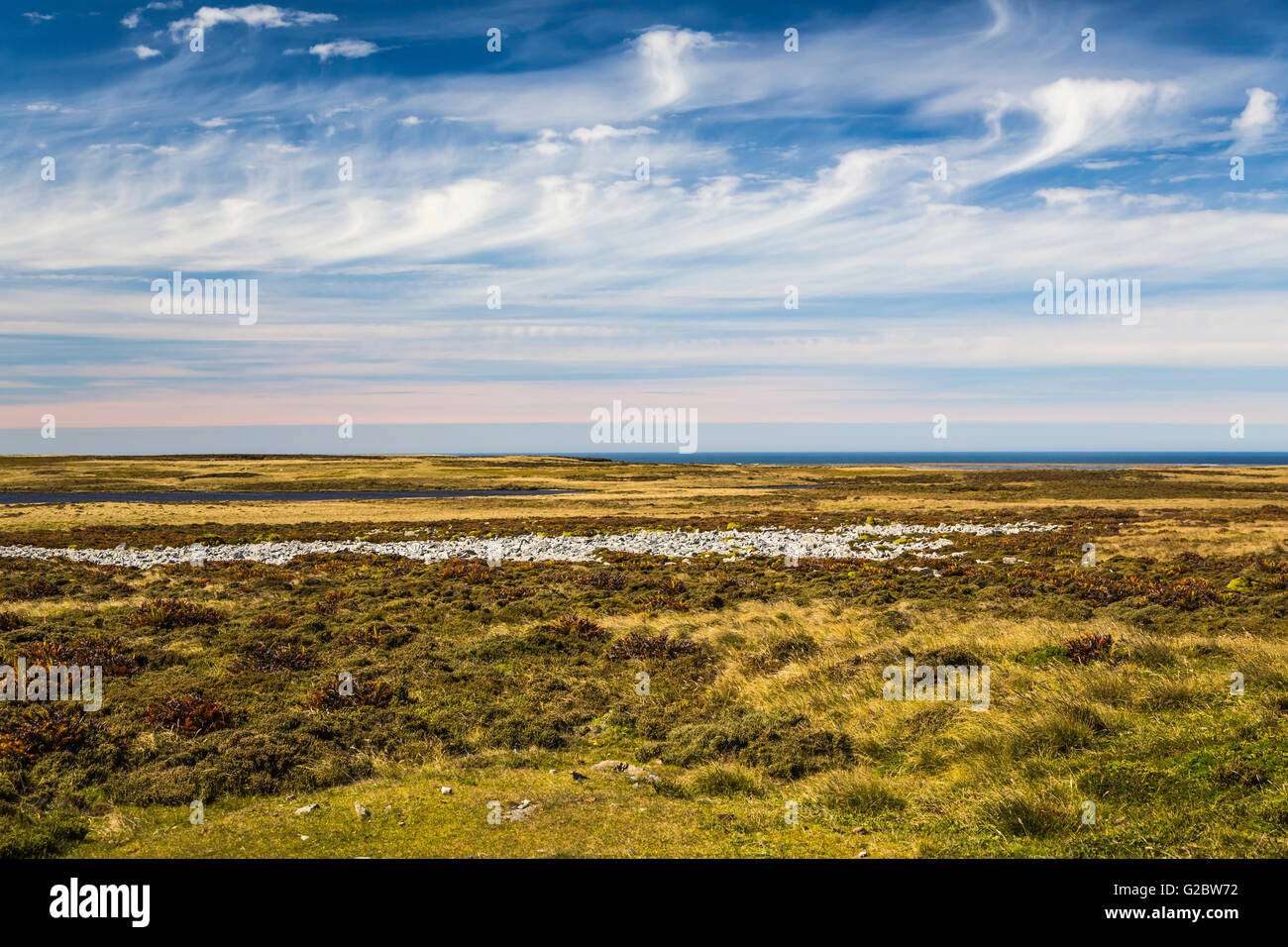 A countryside view of the peat bogs on East Falkland, Falkland Islands ...