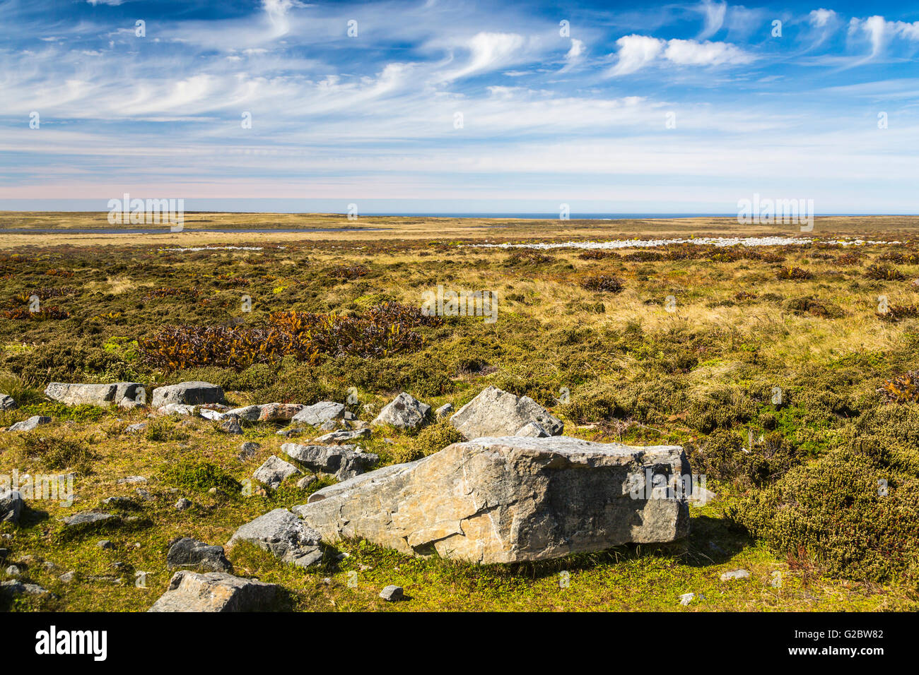 A countryside view of the peat bogs on East Falkland, Falkland Islands ...