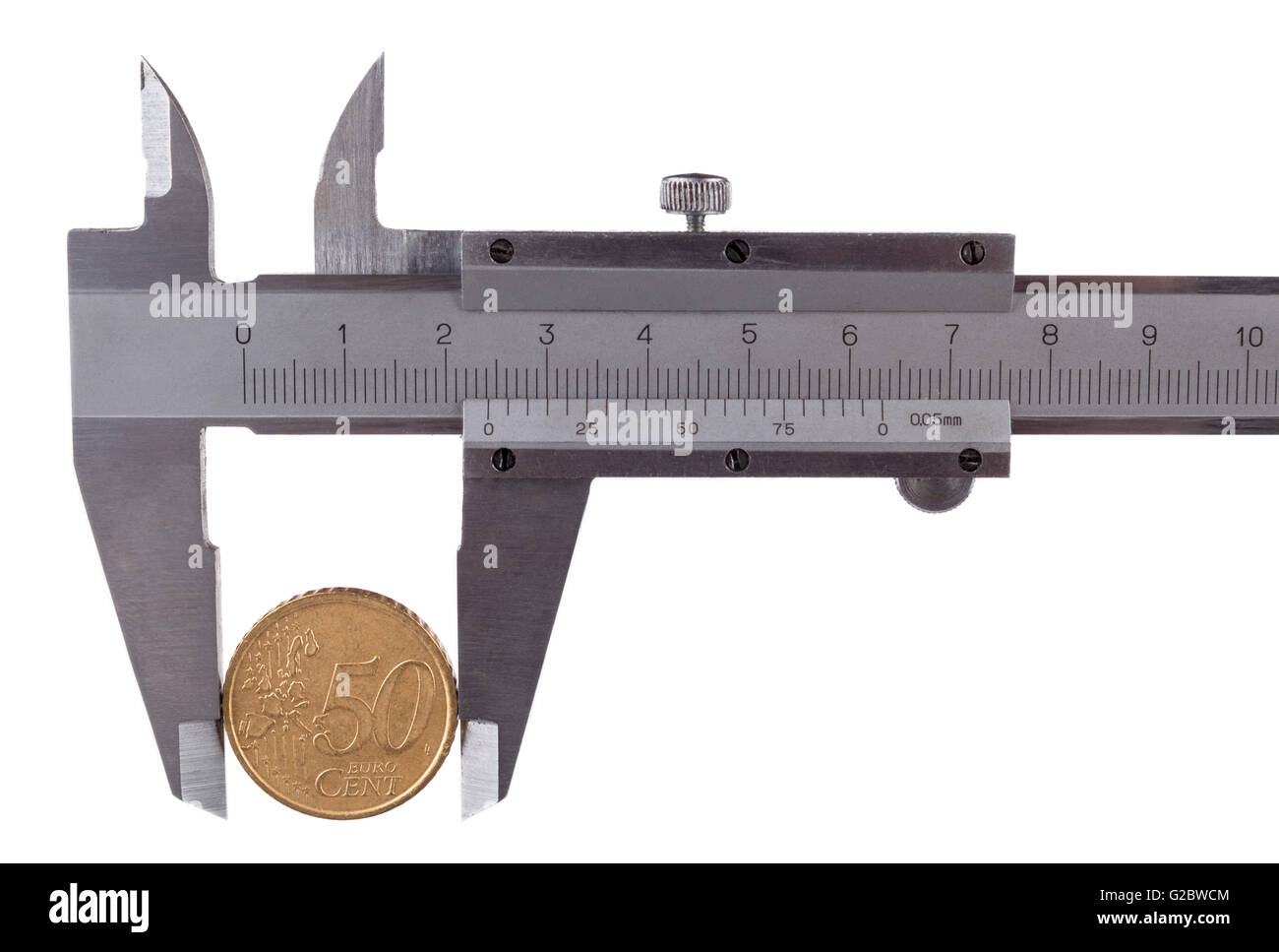 Measuring fifty cent euro coin with silver tool isolated on white ...