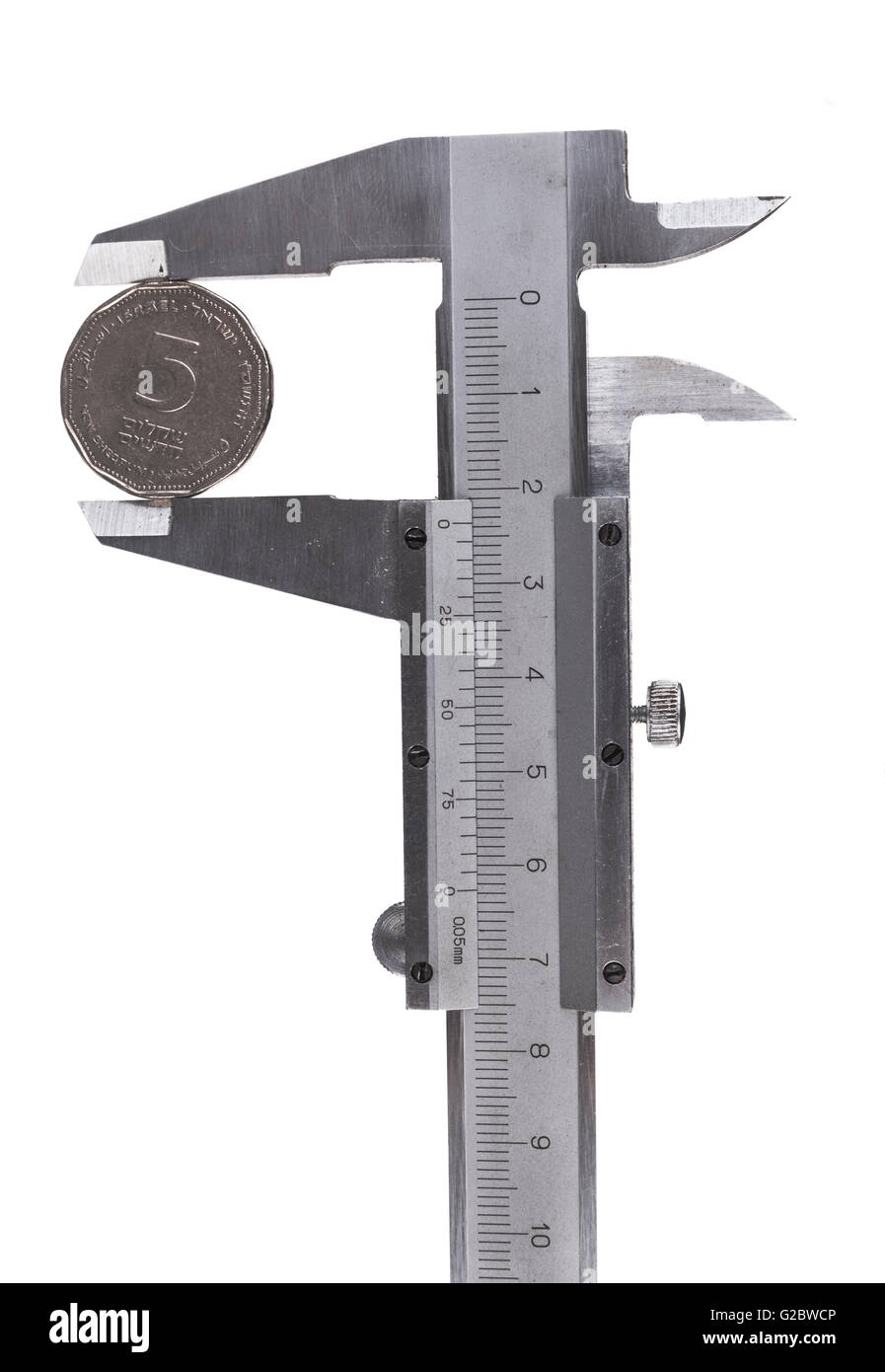 Measuring five new israeli shekel with silver tool isolated on white ...