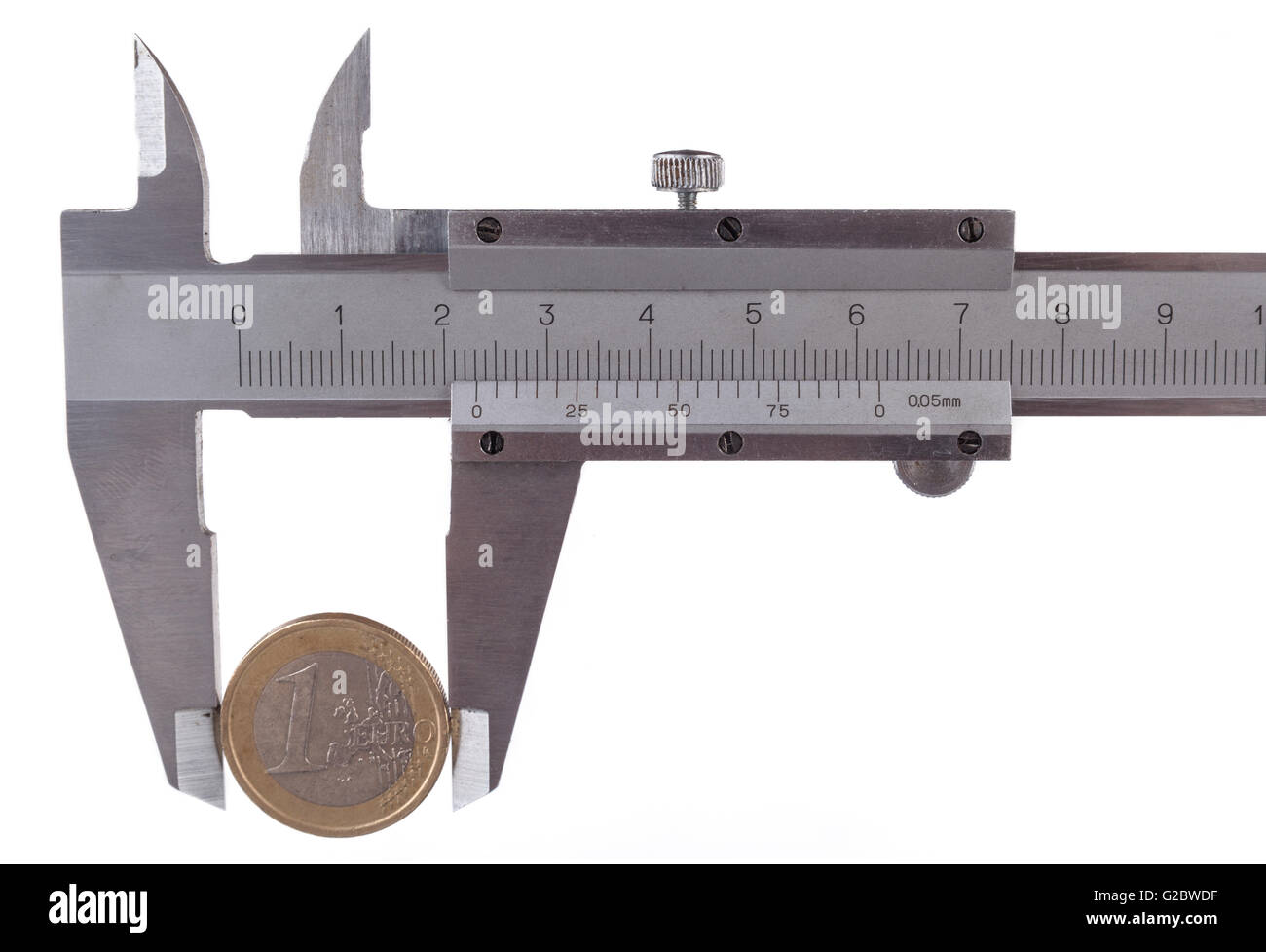 Measuring one euro coin with silver tool isolated on white background ...