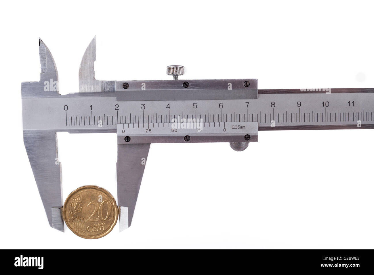 Measuring 20 cent euro coin with silver tool isolated on white ...