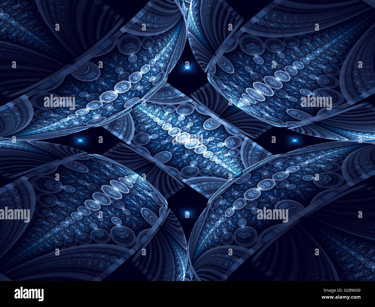 Blue glowing symmetrical fractal with bubbles, computer generated ...