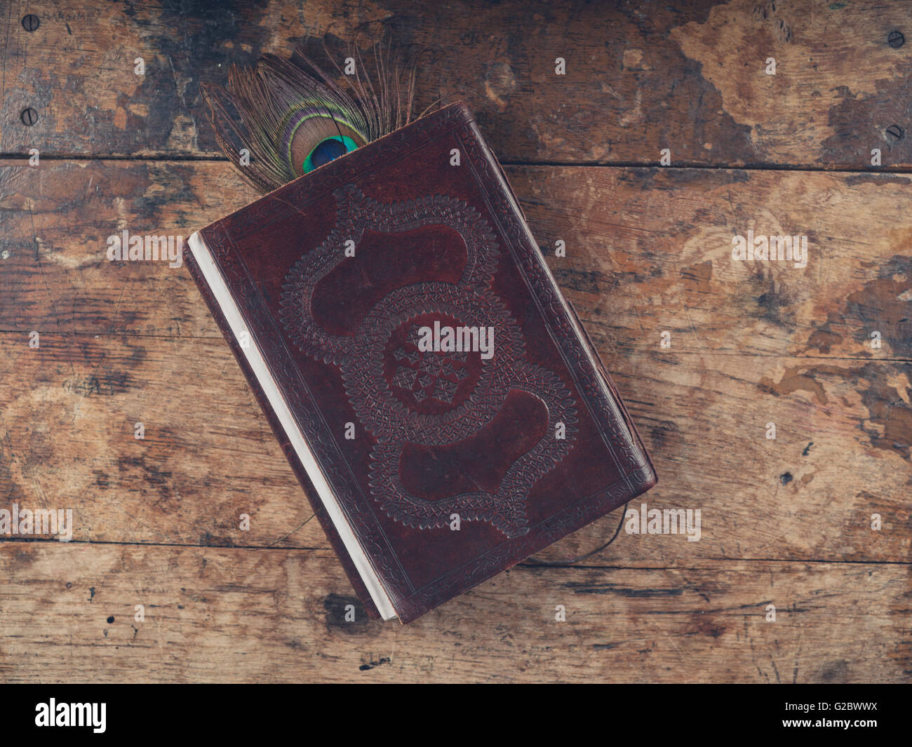 An ornate notebook on a wooden desk with a peacock feather as a ...