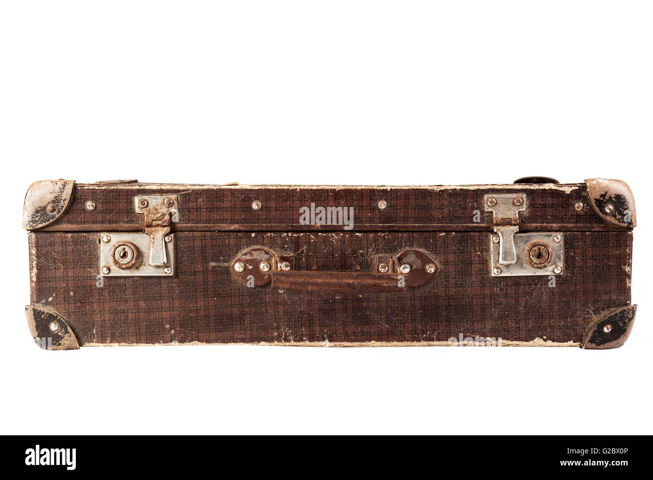 Old Brown used and weathered suitcase isolated on white background ...