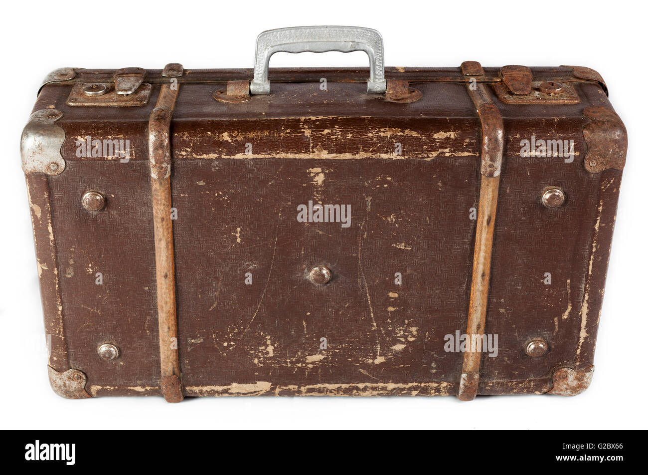 Old Brown used and weathered suitcase isolated on white background ...