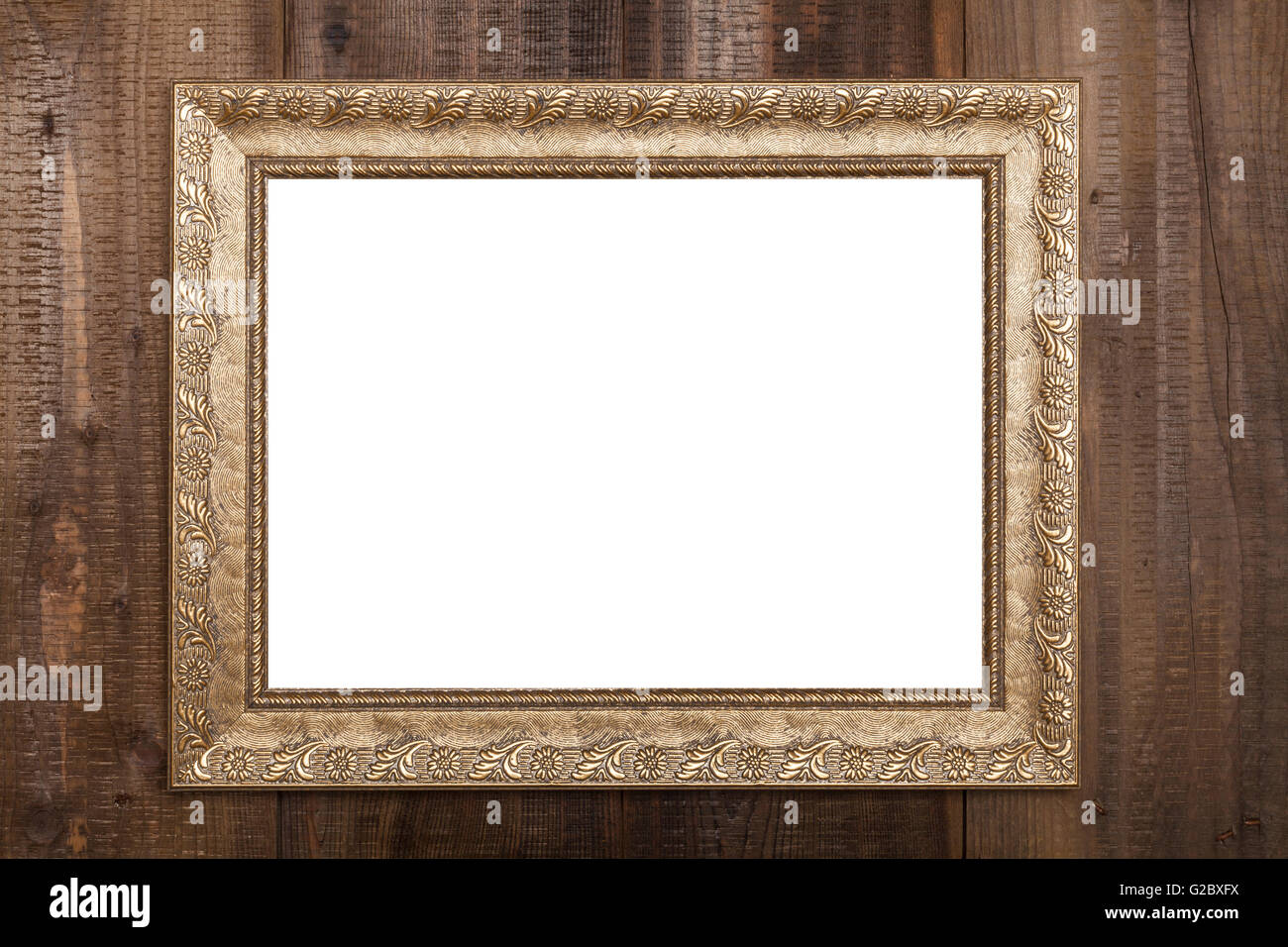 Horizontal Golden Empty Frame on Brown Wood Wall Stock Photo - Alamy