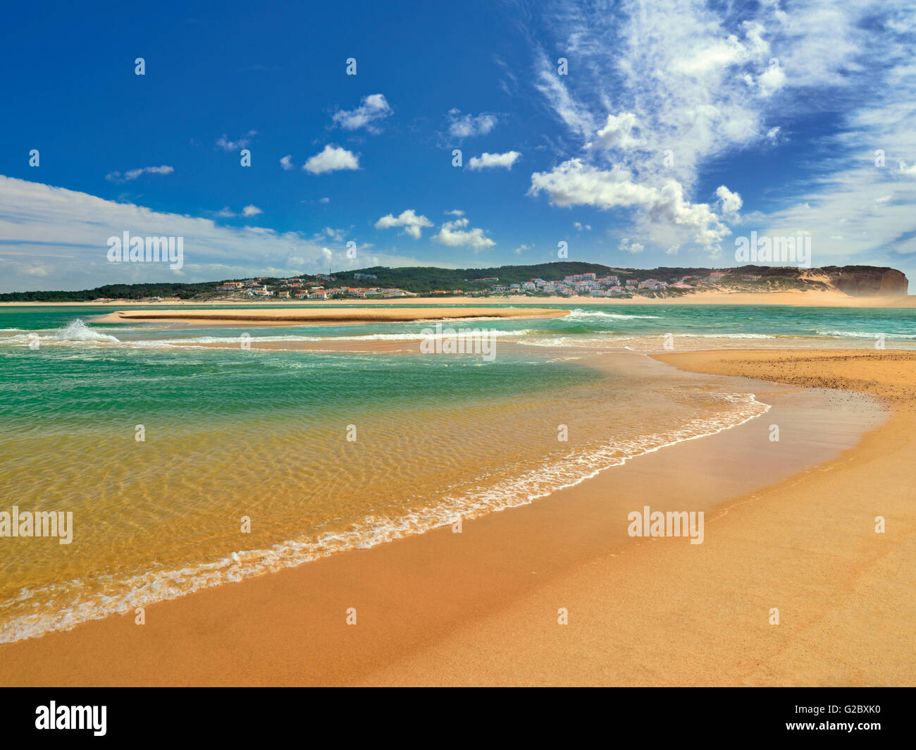 Portugal: Beach scene with wide sand area, green water and soft waves ...