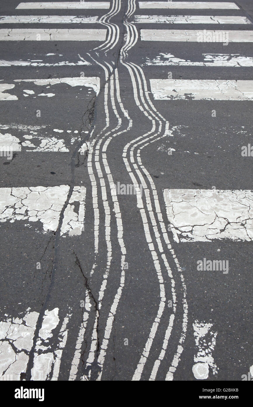 Funny zebra crossing drawn with white curved lines in Smichov District ...