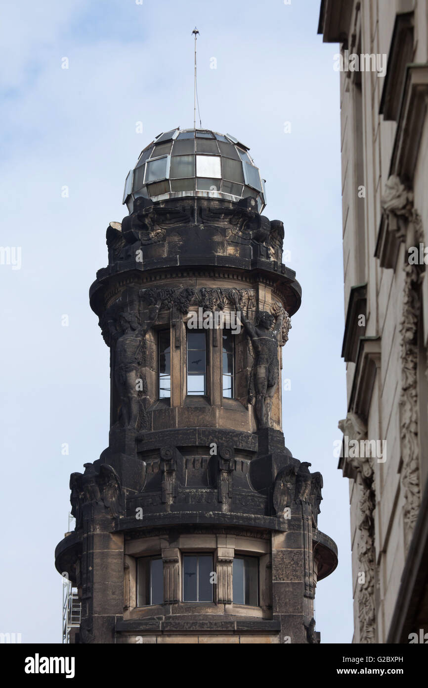 Tower of the Art Nouveau building of the Main Railway Station in Prague ...