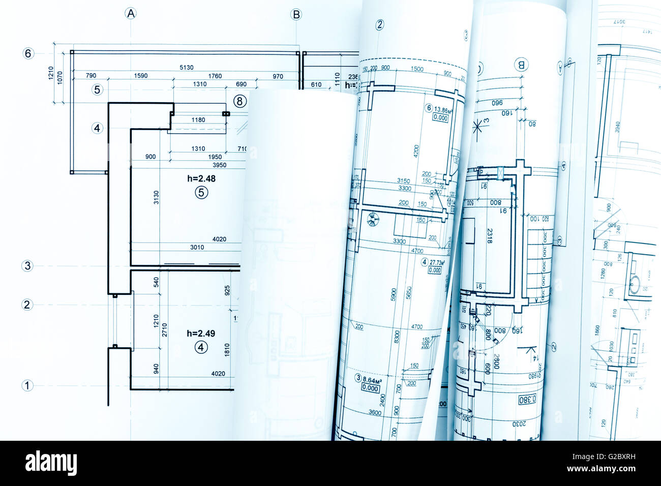 architectural plan, rolls and technical project drawing Stock Photo - Alamy