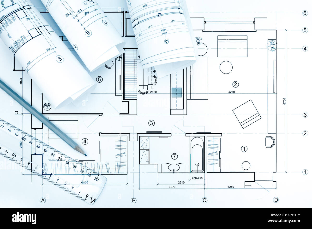 Blueprints rolls architectural drawings drawing hi-res stock ...