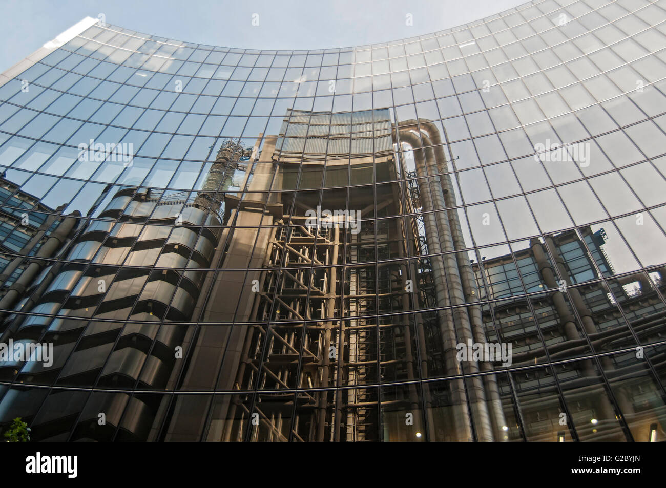 Lloyd's Building, or Inside-Out Building, reflected in facade of Willis ...