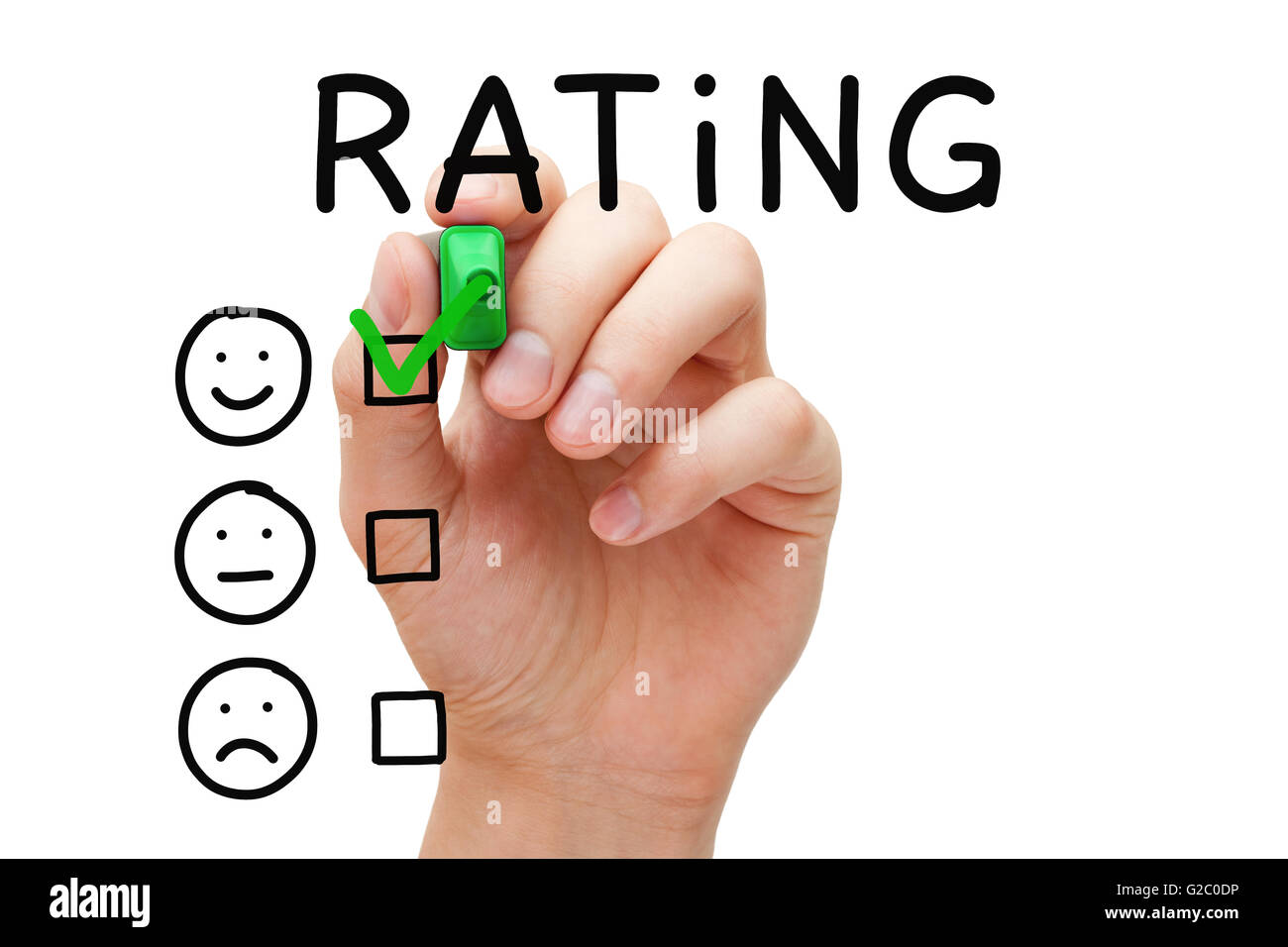 Hand putting check mark with green marker on excellent rating. Customer ...