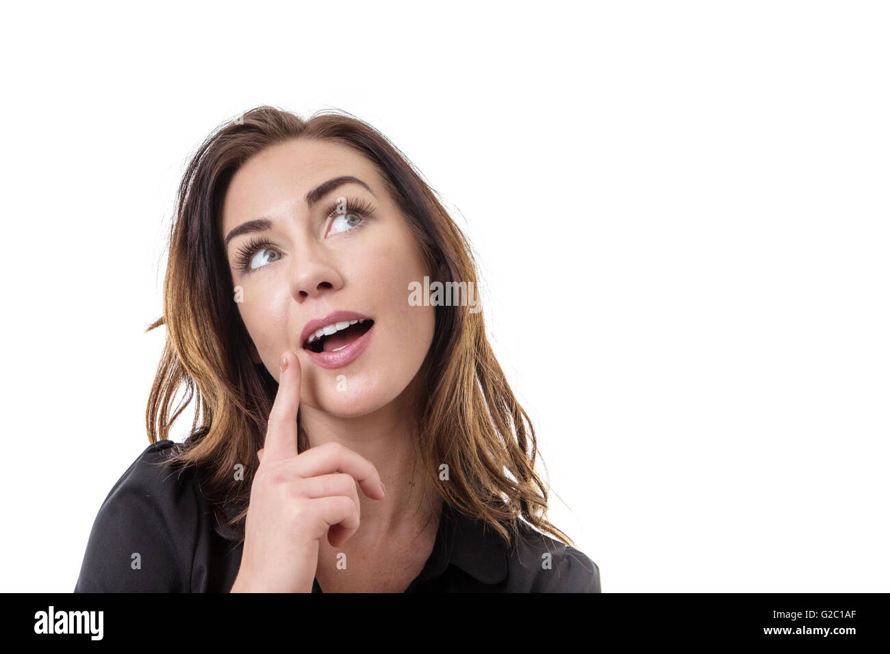 Close up portrait shot of a pretty business woman smiling, thinking and ...