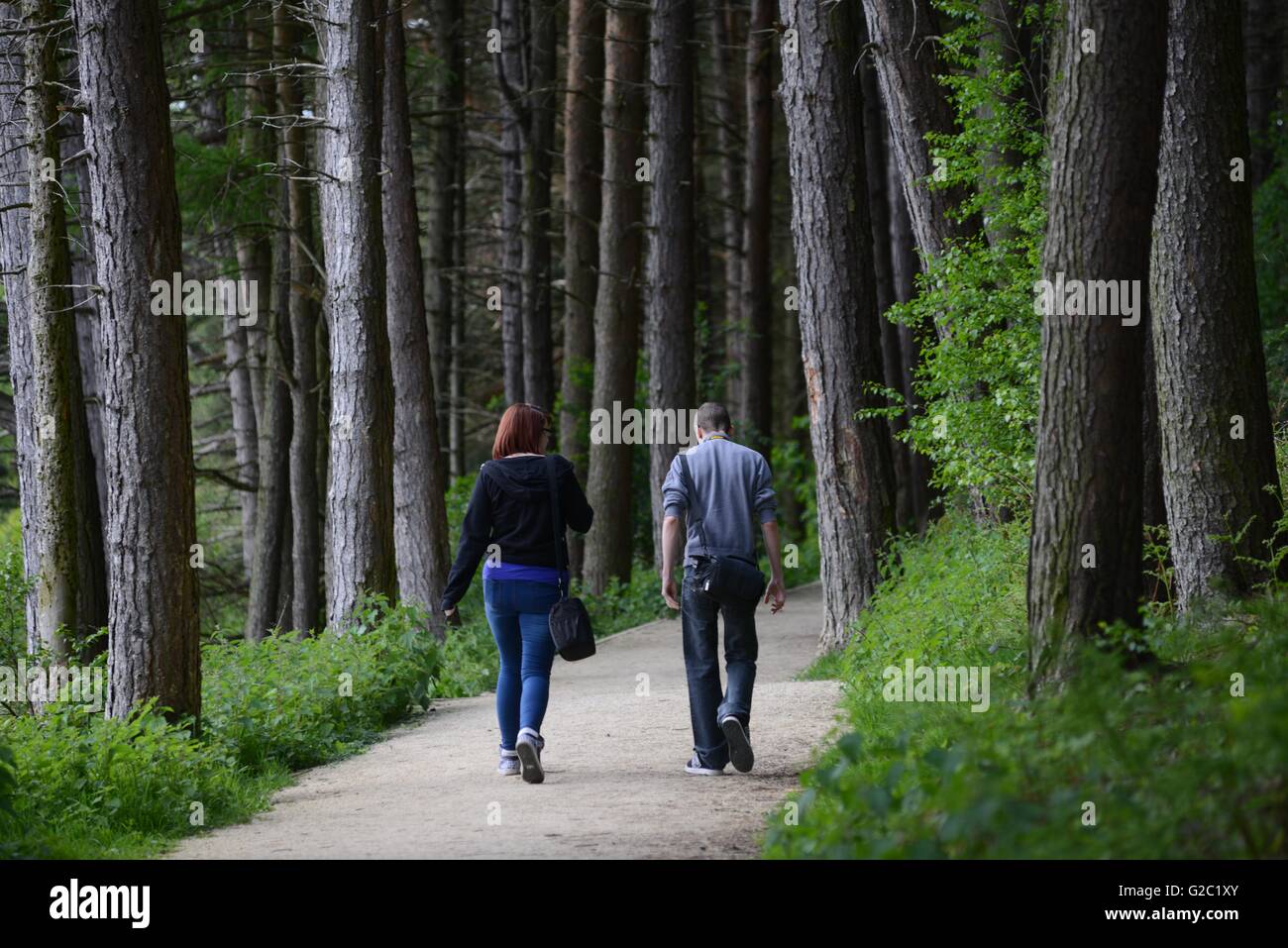 People walking at Langsett Reservoir, Peak District National Park, UK ...