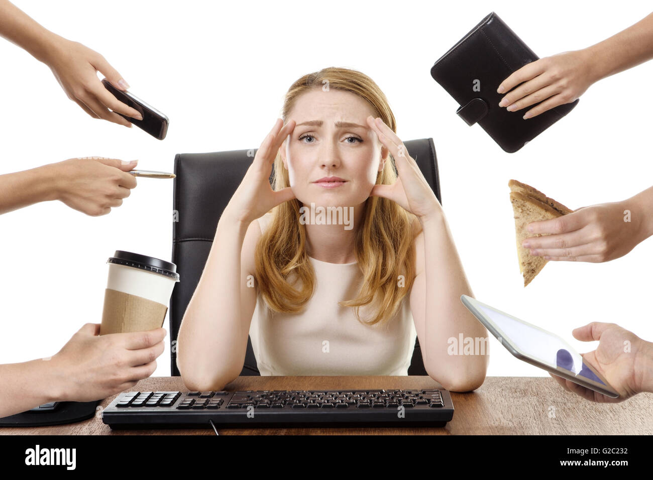 Beautiful girl surrounded hands hi-res stock photography and images - Alamy