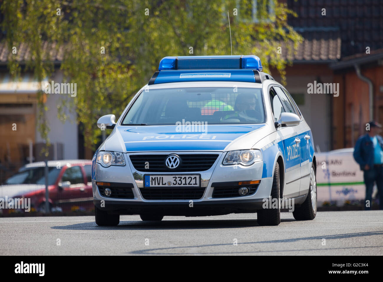 ALTENTREPTOW / GERMANY - MAY 1, 2016: german police car drives on a ...