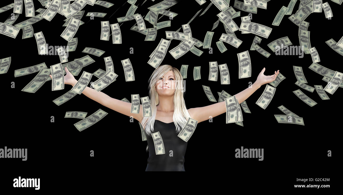 Woman Catching Money Falling From the Sky in US Dollars Stock Photo - Alamy