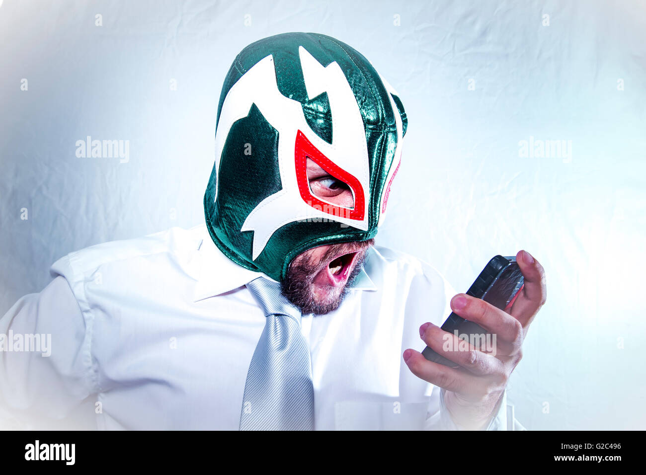 Job, angry businessman with Mexican wrestler mask, expressions of anger ...