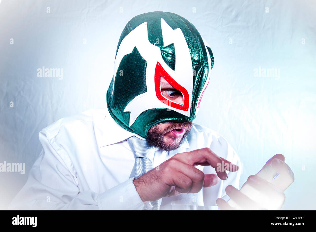 Time, angry businessman with Mexican wrestler mask, expressions of ...