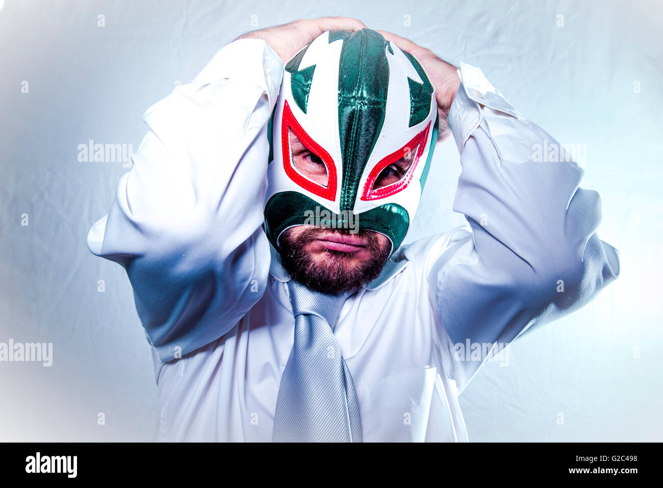 Frustrated, angry businessman with Mexican wrestler mask, expressions ...