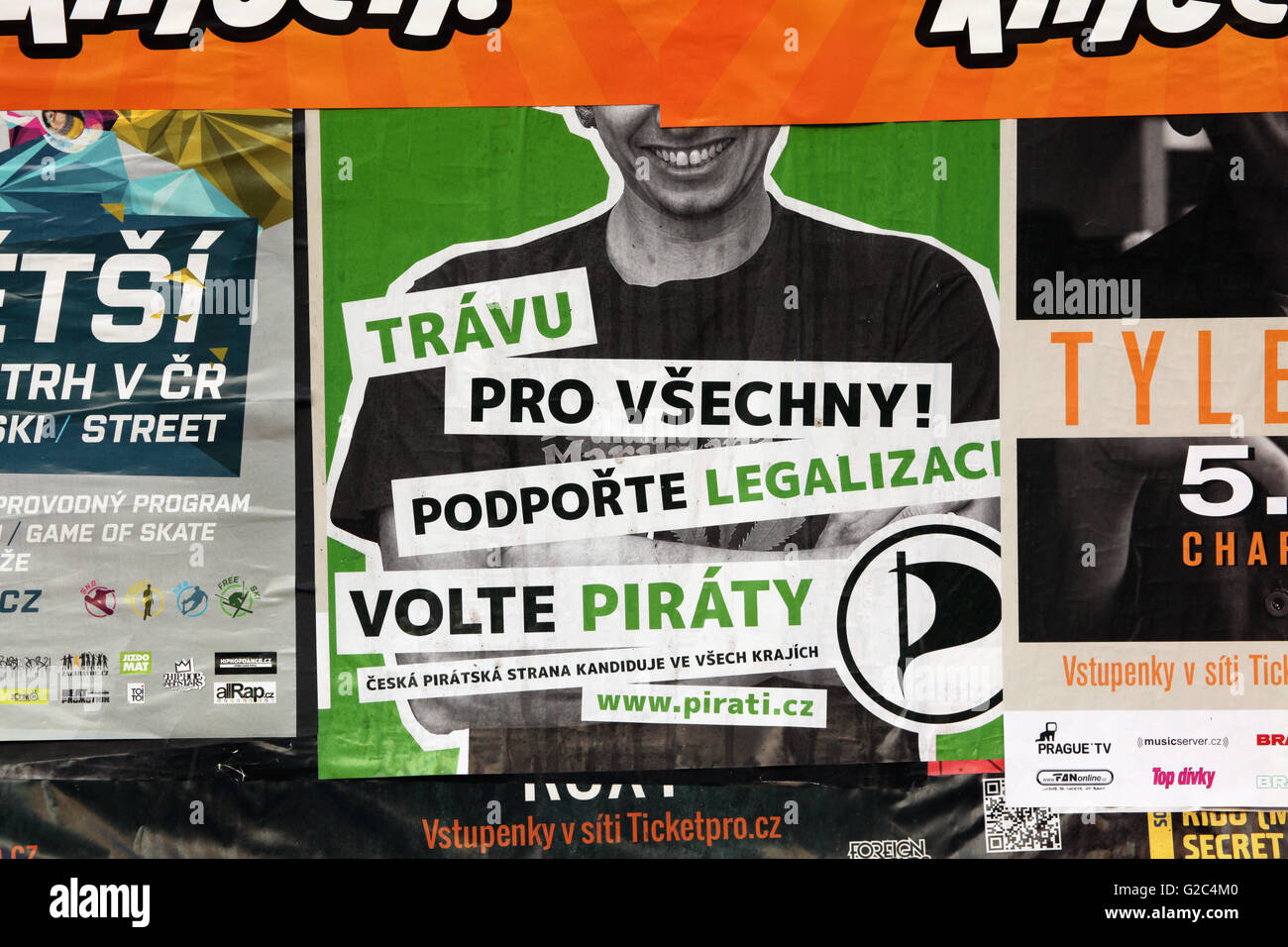 Election poster for the Czech Pirate Party pasted on the wall in Prague ...