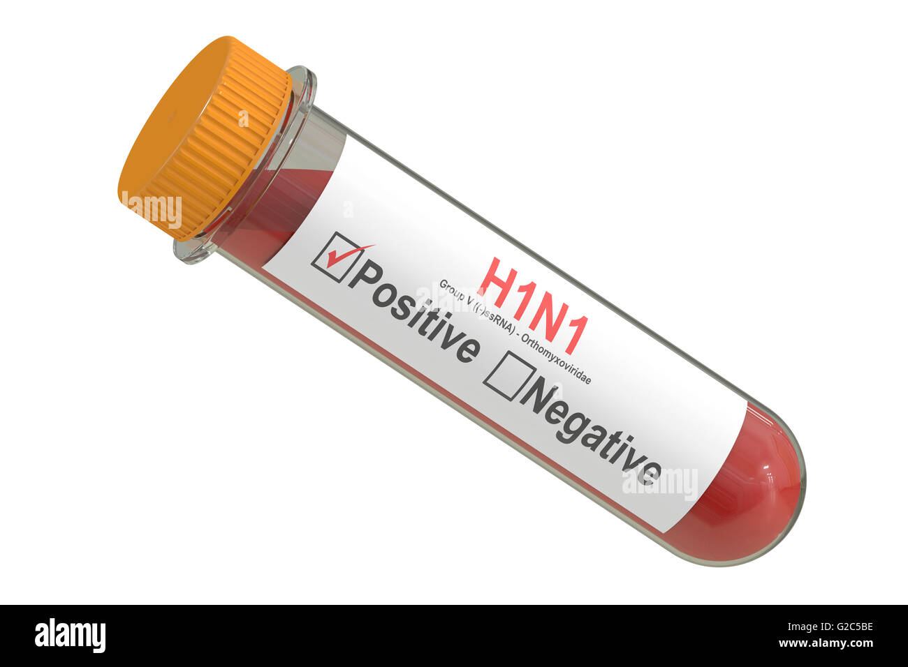 Test tube with blood sample positive with H1N1 virus, 3D rendering ...