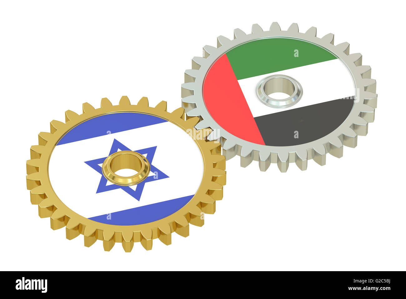 UAE and Israel flags on a gears, 3D rendering isolated on white ...