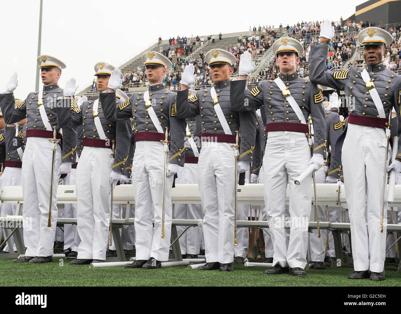 U.S Army cadets standing during the commencement ceremony oath of ...
